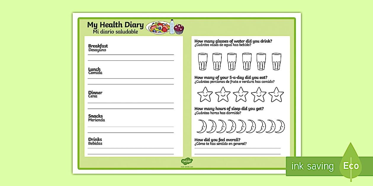 Healthy Living Diary Record Sheet Worksheet / Worksheet English/Spanish