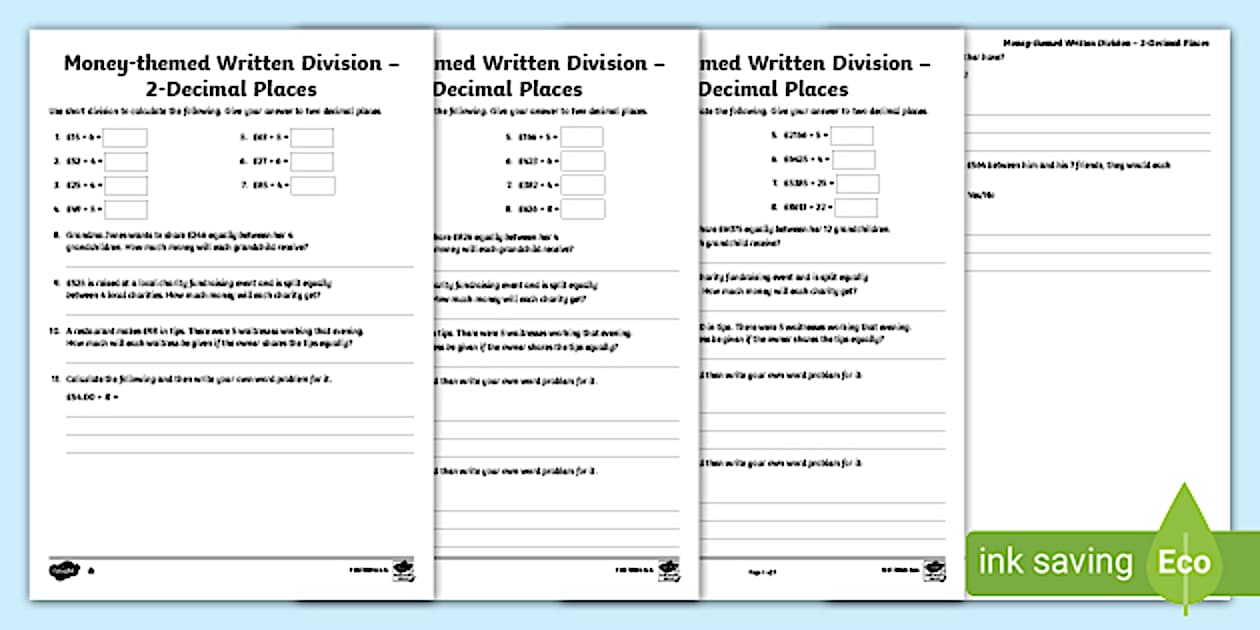 UKS2 Money-Themed Written Division 2-Decimal Place Differentiated ...