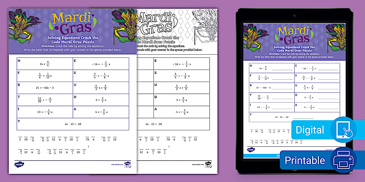 Eighth Grade Solving Equations Crack the Code Mardi Gras Puzzle
