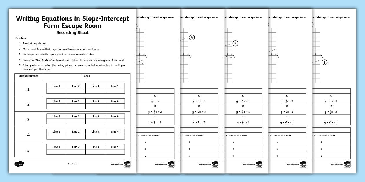 Eighth Grade Writing Equations in Slope-Intercept Form Escape Room