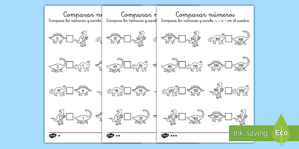 Ficha de comparar números: Los dinosaurios - Twinkl