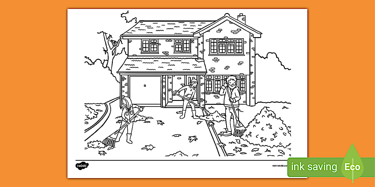 Autumn Themed Raking Leaves Colouring Page - Twinkl