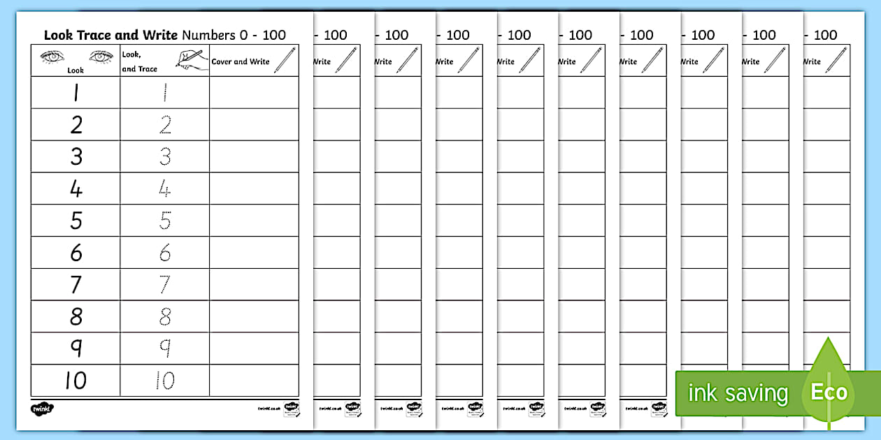 Number Formation 0 to 100 Look, Trace and Write Worksheet / Worksheet