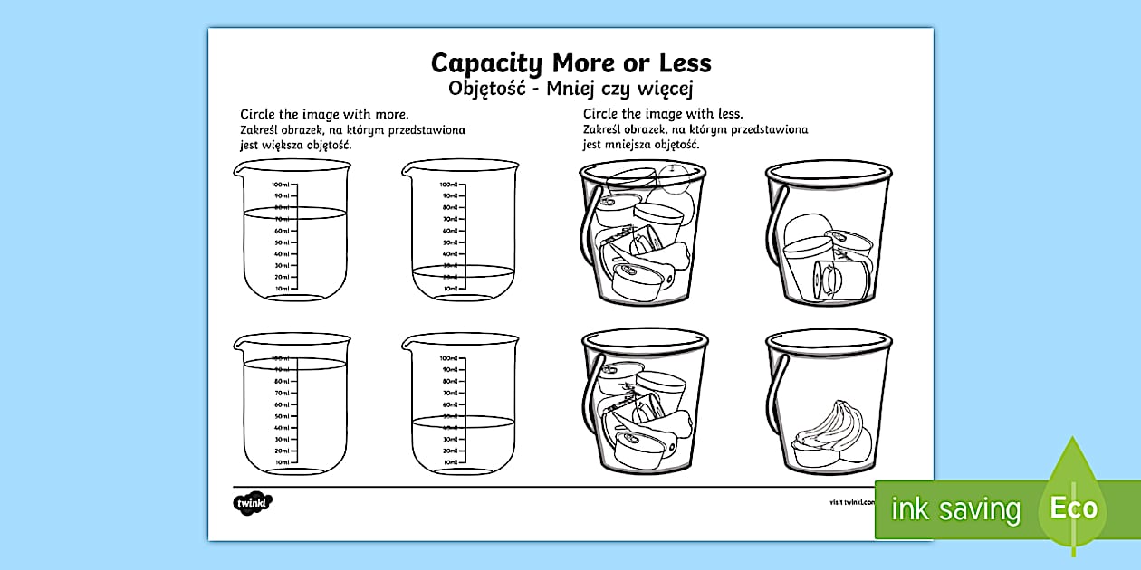 Capacity More or Less Worksheet / Worksheet English/Polish - Capacity ...
