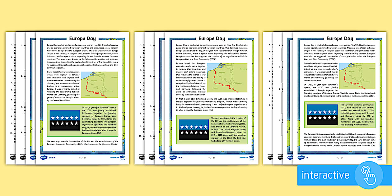 Europe Day Differentiated Comprehension Worksheets - Twinkl