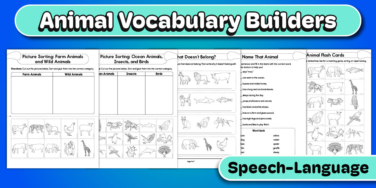 Animal Vocabulary Builder Worksheets for SLP