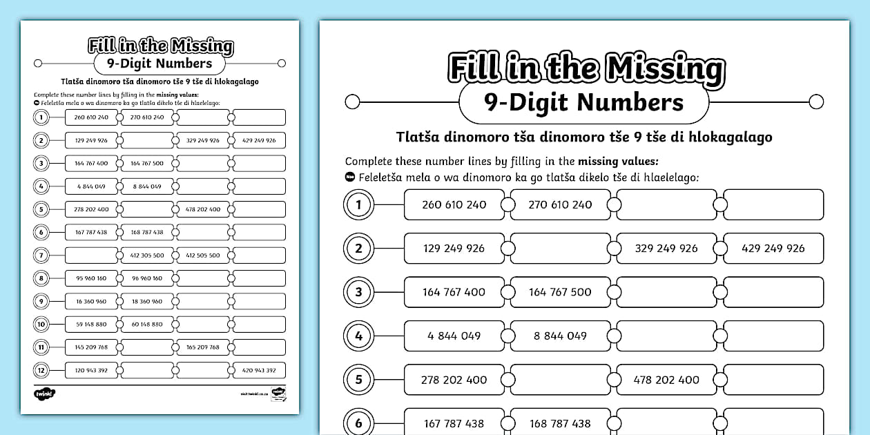 Fill in the Missing 9-Digit Numbers Activity Sheet Sepedi