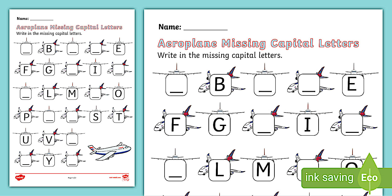 Aeroplane Missing Capital Letters Worksheet - Twinkl