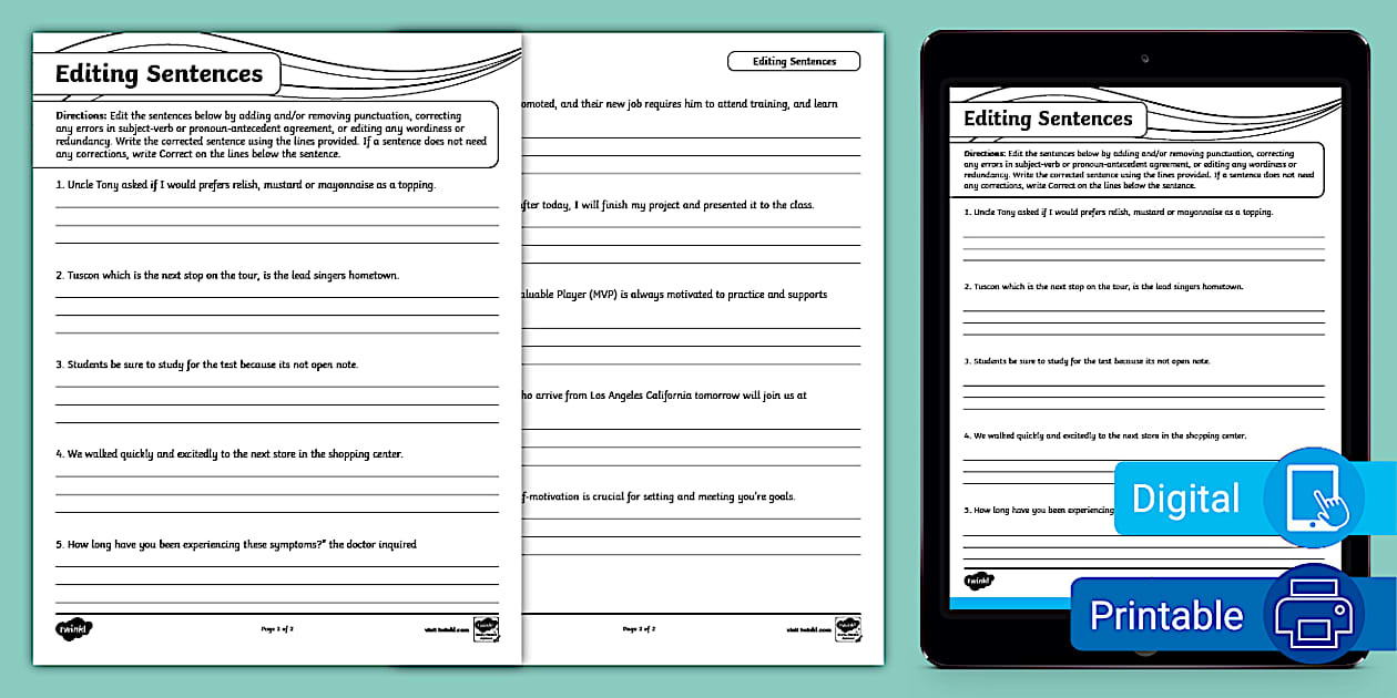 Sixth Grade Editing Sentences Practice Worksheet - Twinkl
