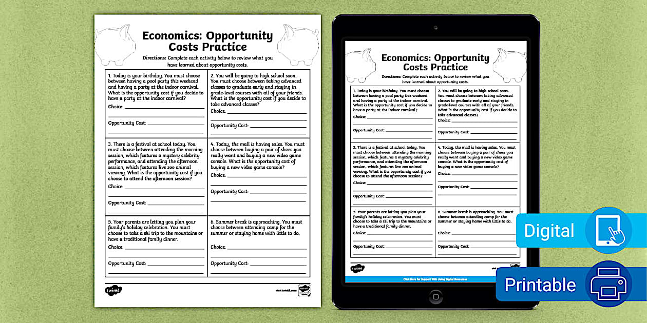 Economics: Opportunity Costs Practice Worksheet for 6th-8th Grade