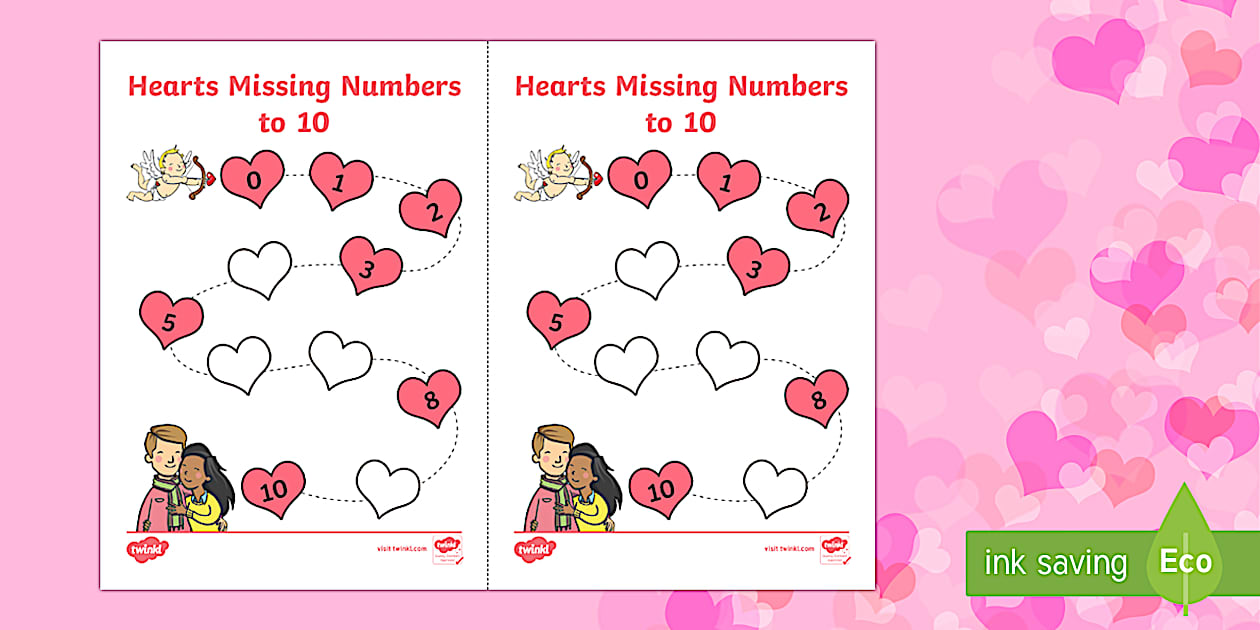 Valentine's Day Hearts Missing Numbers to 10 Worksheet / Worksheet