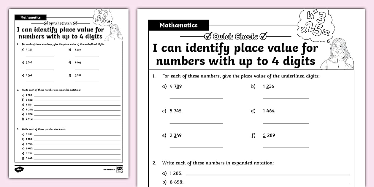 Quick Check: I Can Identify Place Value up to 4 Digits Activity Sheet