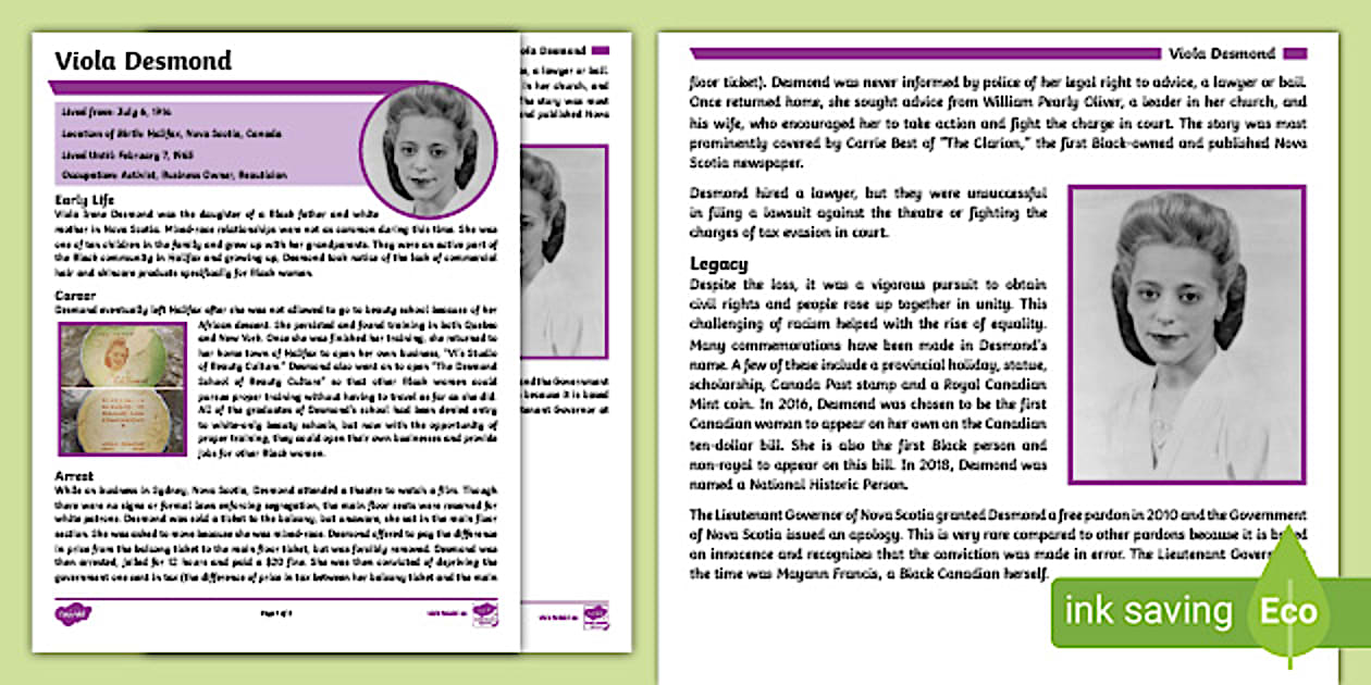 Viola Desmond Facts for Kids Resource (teacher made)