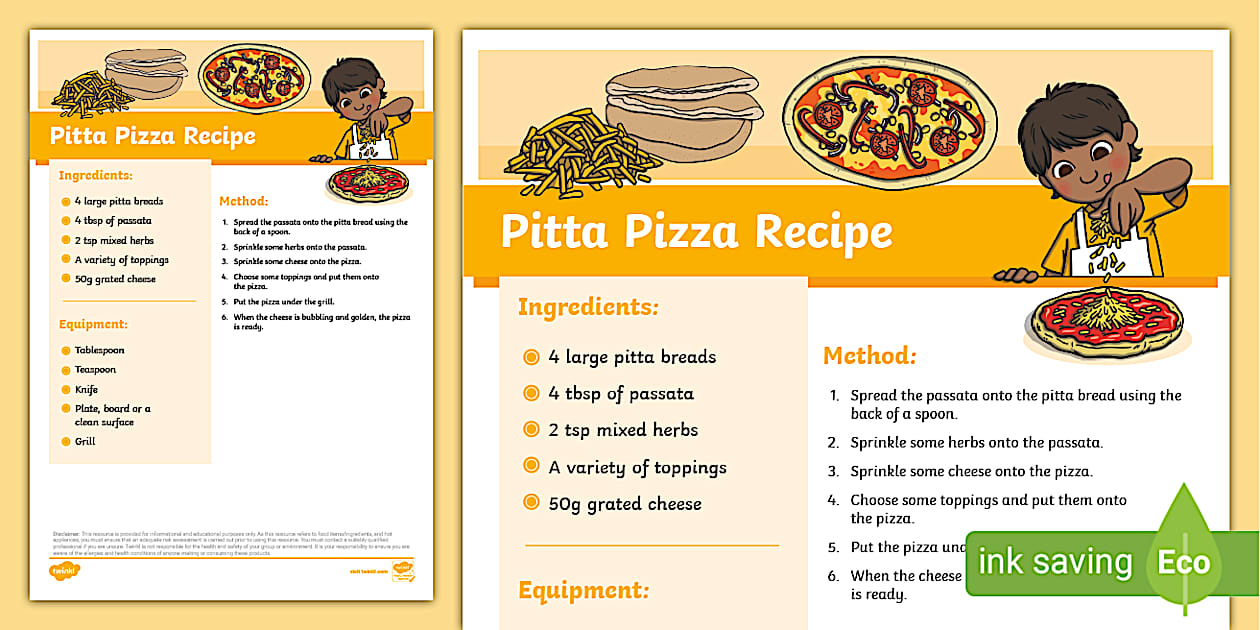 Making Pitta Pizza Recipe EYFS Recipe Sheet - Twinkl
