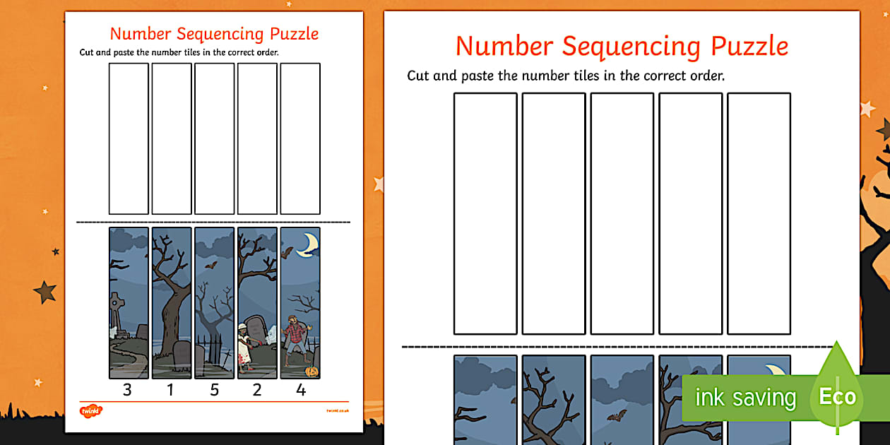 Black and White Halloween Number Sequencing Puzzles - Twinkl