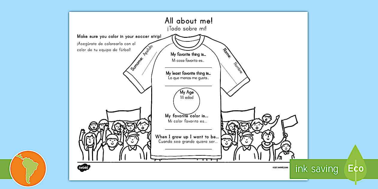 All About Me Soccer Shirt Worksheet English/Spanish - Twinkl