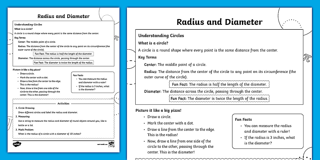 Radius and Diameter Worksheet for 3rd-5th Grade - Twinkl