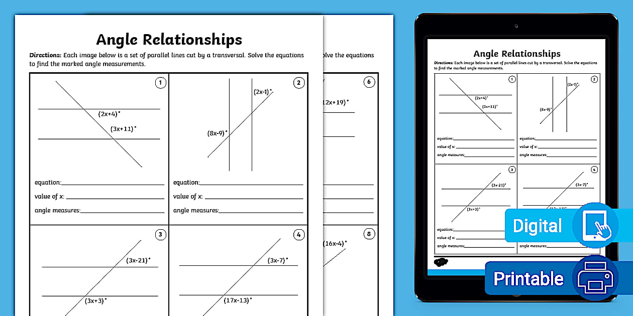 Eighth Grade Angle Relationship Worksheet (teacher made)
