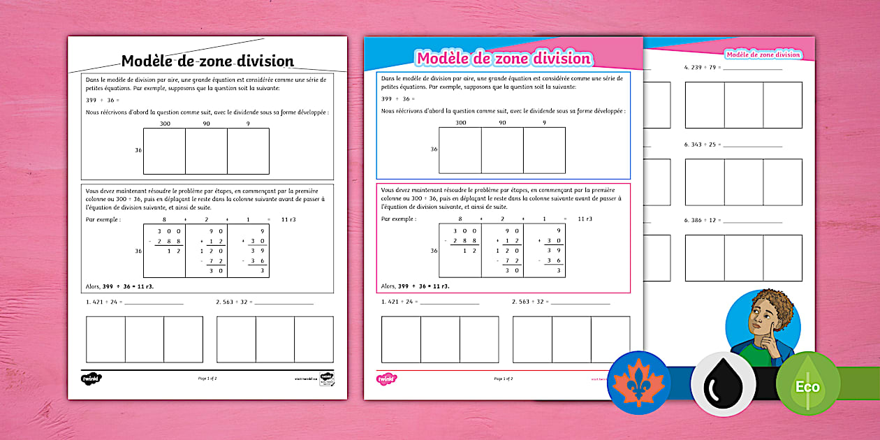 Area Model Division 3 Numbers by 2 Numbers Activity French