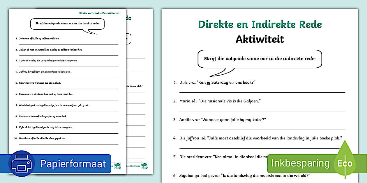 Direkte en Indirekte Rede Werkkaart - Senior Fase - Twinkl