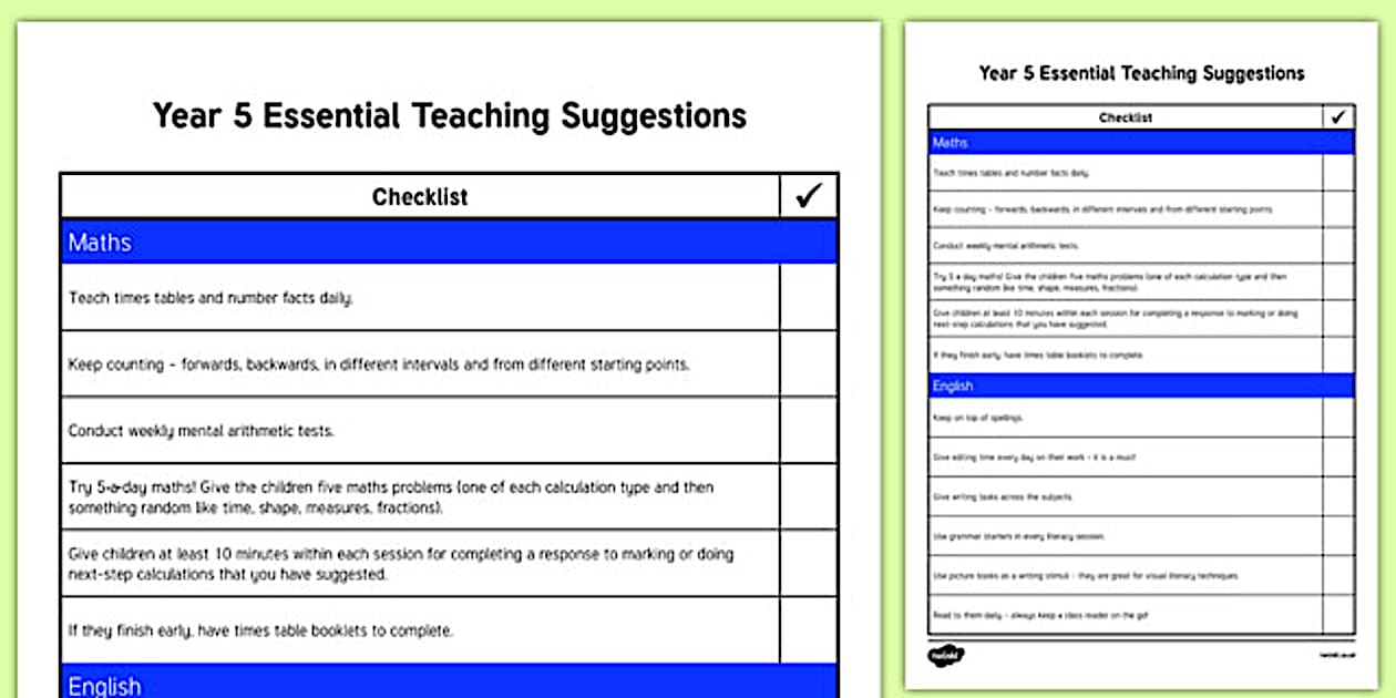 Black and White Year 5 Essential Teaching Suggestions Checklist