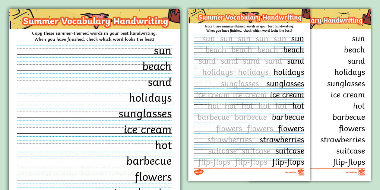 Summer Vocabulary Left-Handed Handwriting Activity Sheets