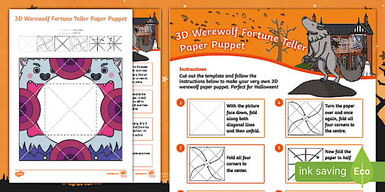 KS1 3D Werewolf Fortune Teller Puppet Paper Craft - Twinkl