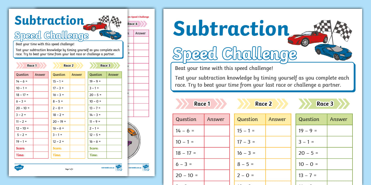 👉 Subtraction Within 20 Speed Challenge (teacher made)