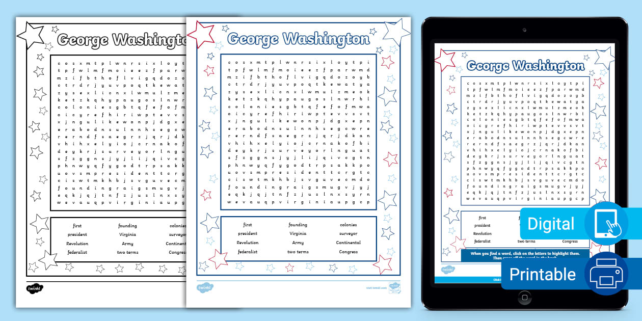 George Washington Word Search for 3rd-5th Grade - Twinkl
