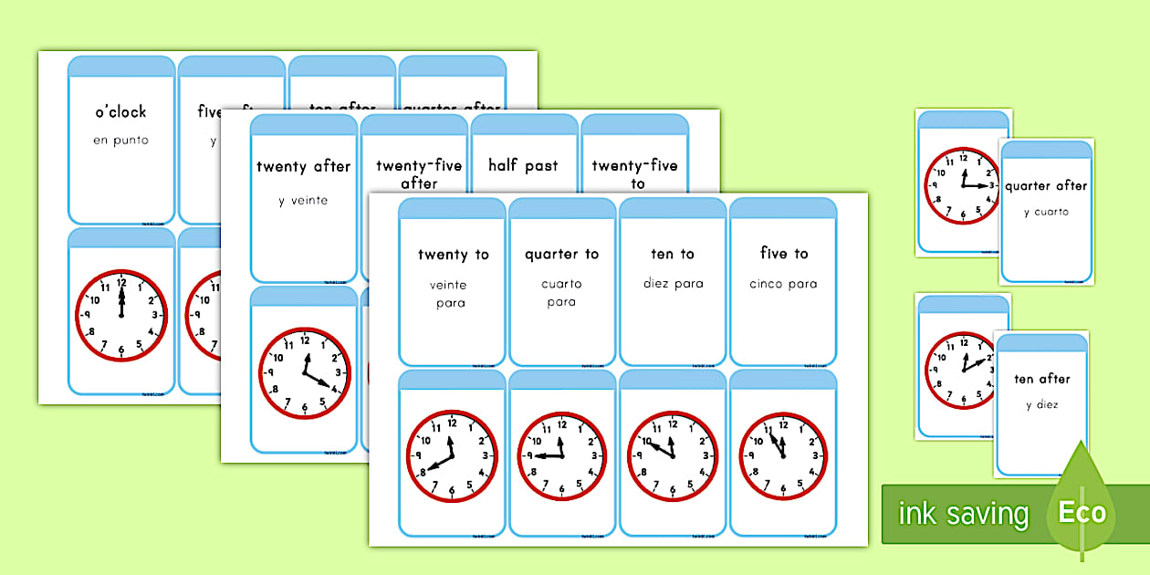 Telling the Time Matching Flash Cards English/Spanish- Guía de trabajo