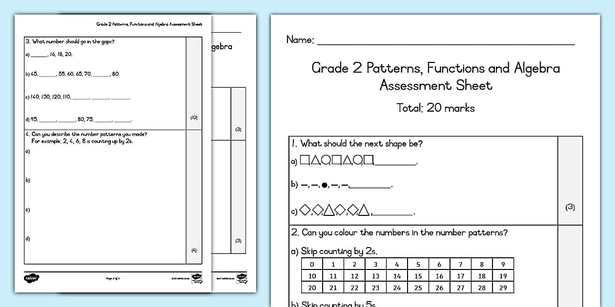Grade 2: Patterns, Functions and Algebra Assessment Sheet