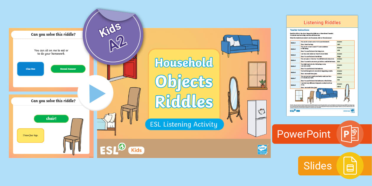 ESL Listening Riddles: Household Objects [Kids, A2] - Twinkl