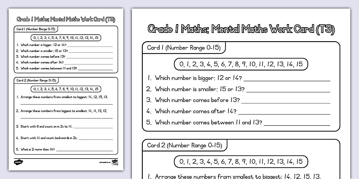 Grade 1 Maths: Mental Maths: Work Cards: Term 3 - Twinkl