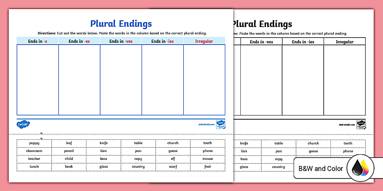 Plural Ending Sorting Worksheet for ELL (Teacher-Made)