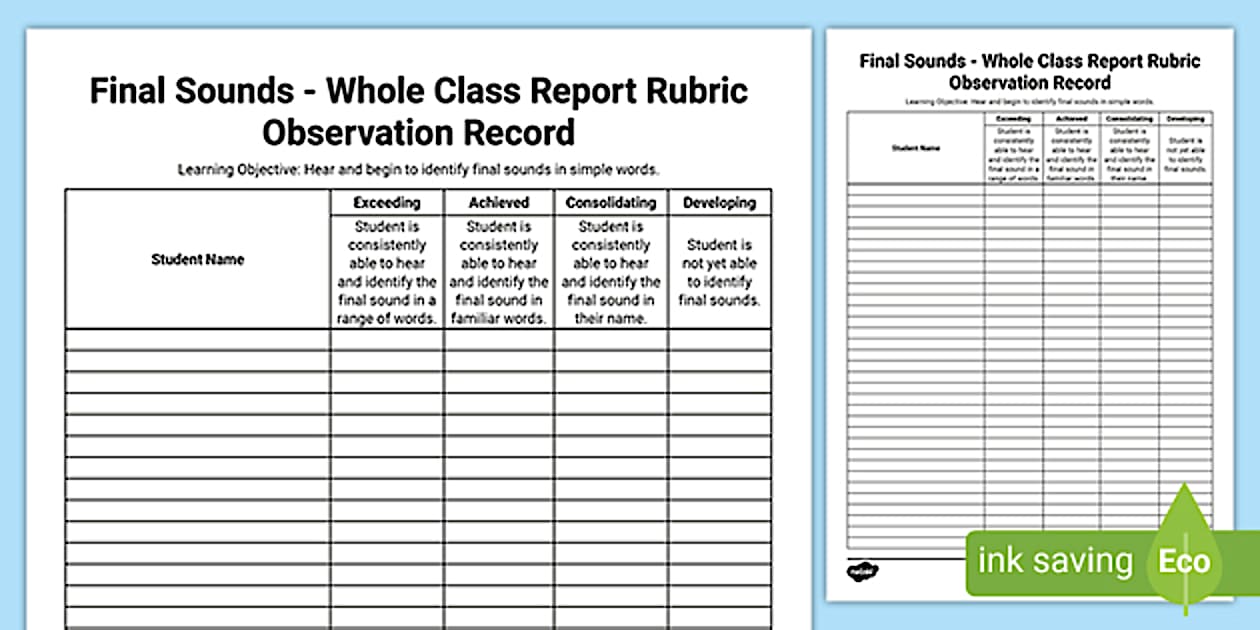 Final Sounds EYLF Assessment Rubric (teacher made) - Twinkl