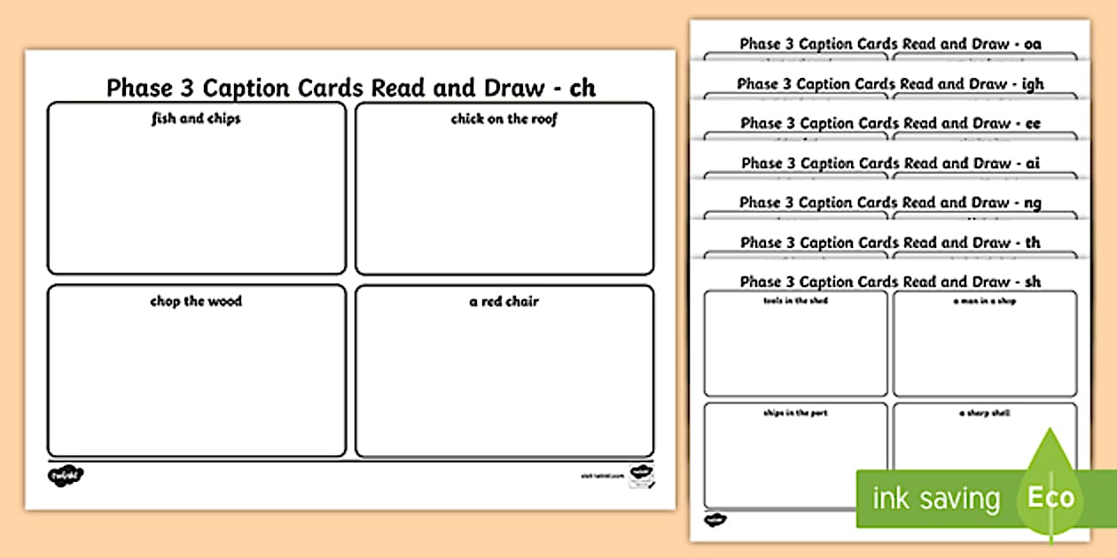 Phase 3 Caption Cards Read and Draw Worksheets - Twinkl