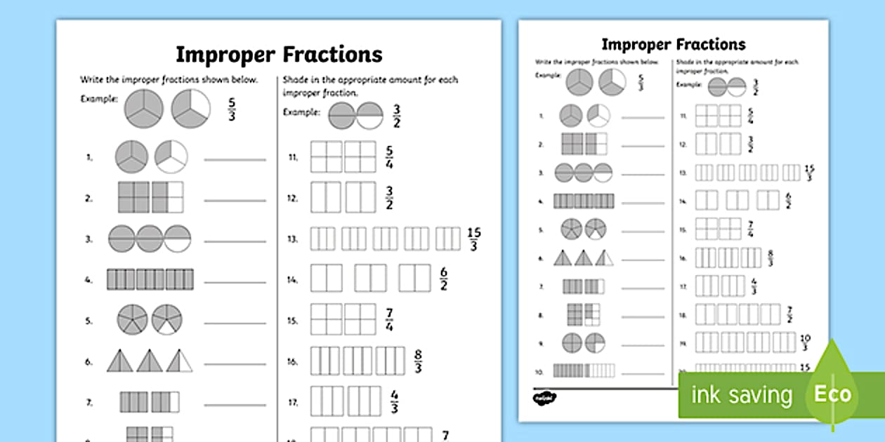Improper Fractions Worksheet for 4th-5th Grade - Twinkl