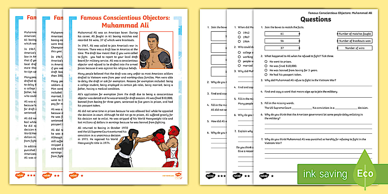 Famous Conscientious Objectors: Muhammad Ali Reading Comprehension Activity