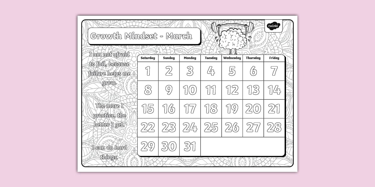 Growth Mindset March Colouring Calendar Activity - Twinkl
