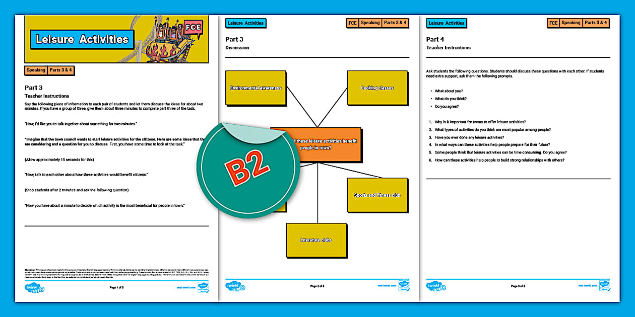 B2 First (FCE) Speaking Parts 3&4 - Leisure Time on Twinkl