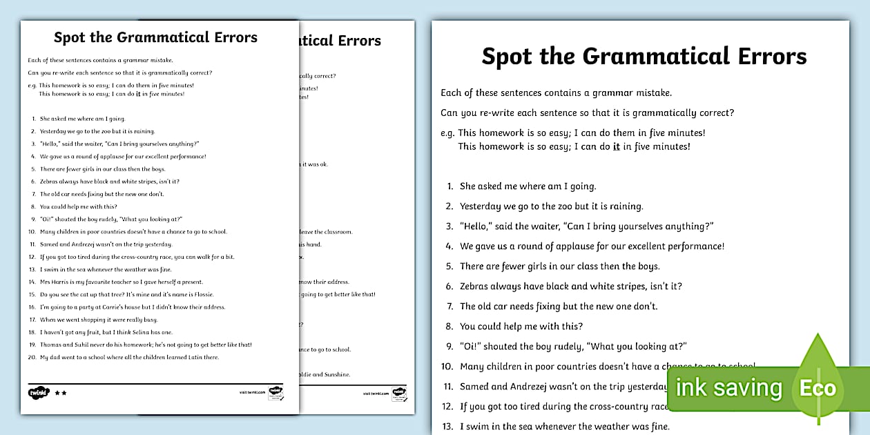 Correcting Grammar in Sentences Worksheet | KS2 - Twinkl