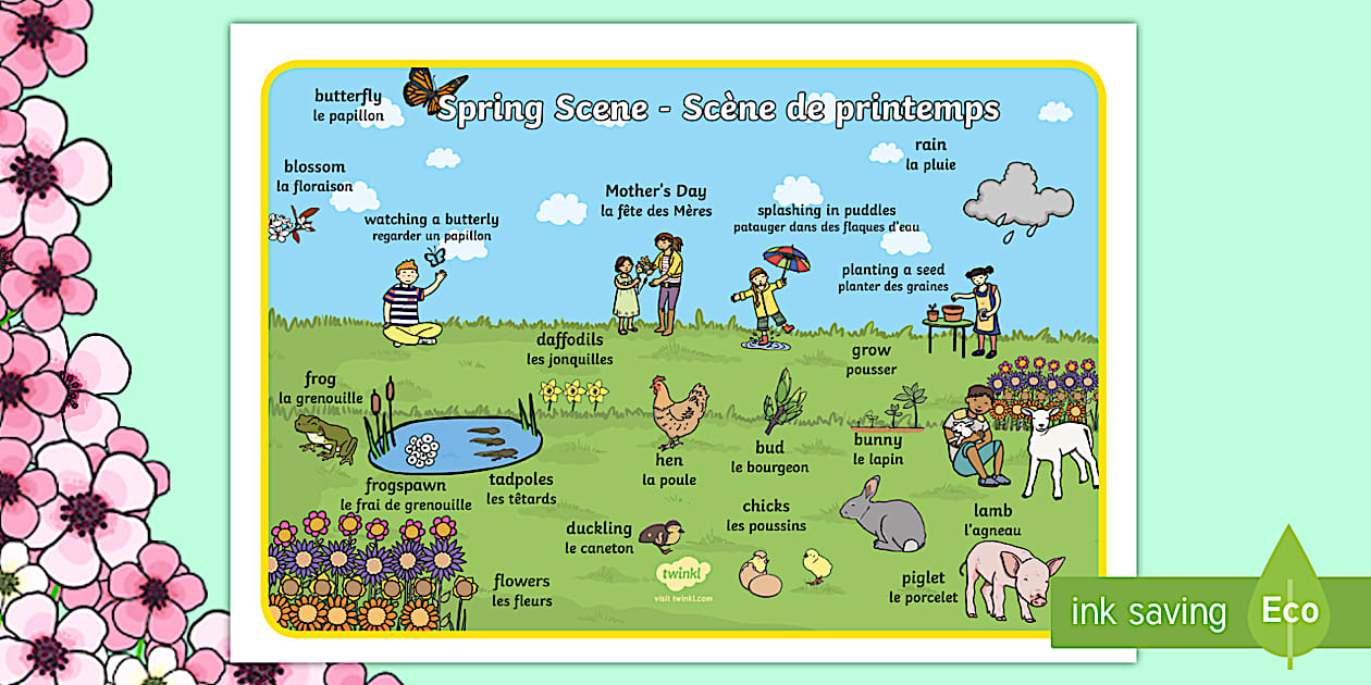 Springtime Scene Word Mat English/French - Spring Scene Word Mat