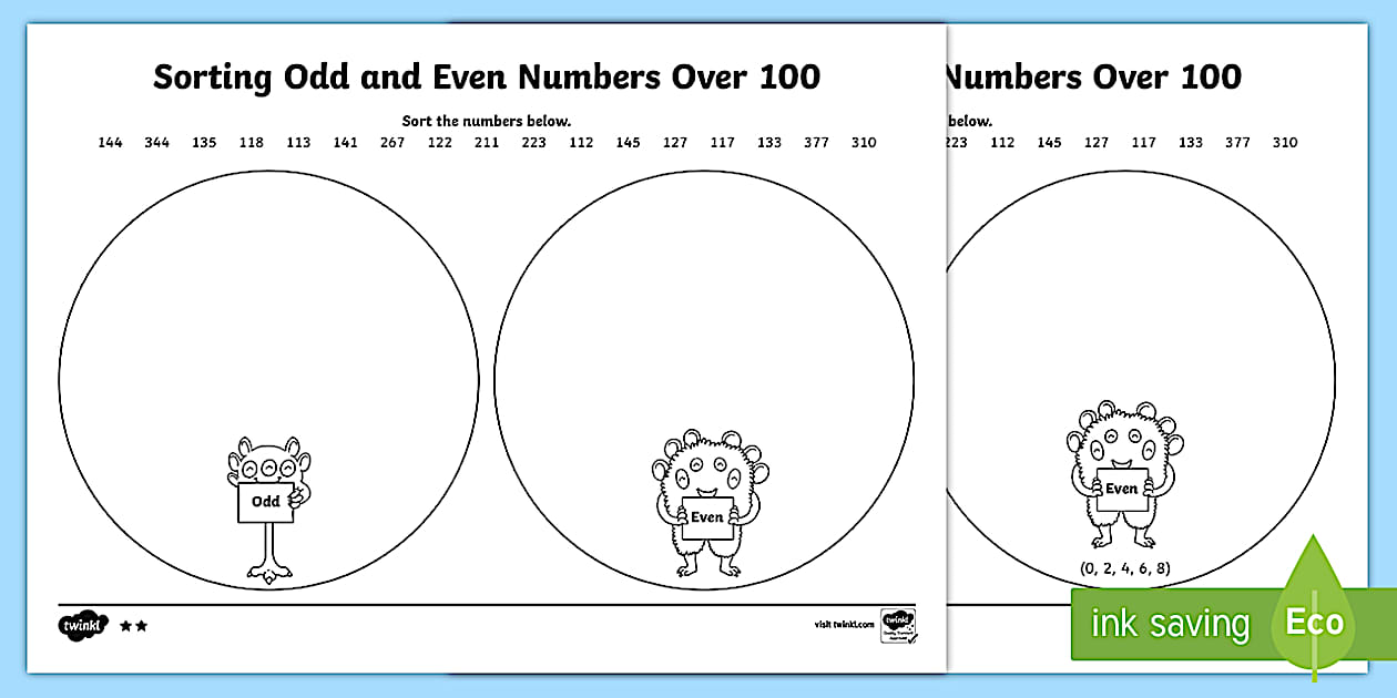 Editable Sorting Odd and Even numbers Over 100 Worksheet