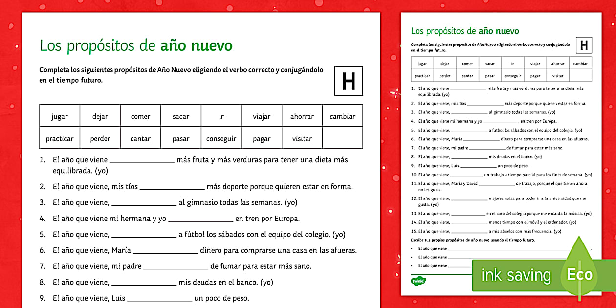 New Year's Resolutions Higher Worksheet / Worksheet Spanish