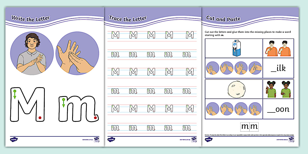 Letter M Handwriting Worksheets with Auslan