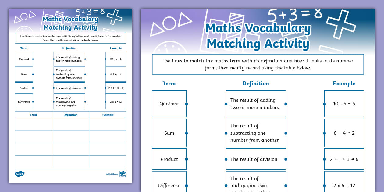 Phase 2 Maths Vocabulary Match-Up Activity