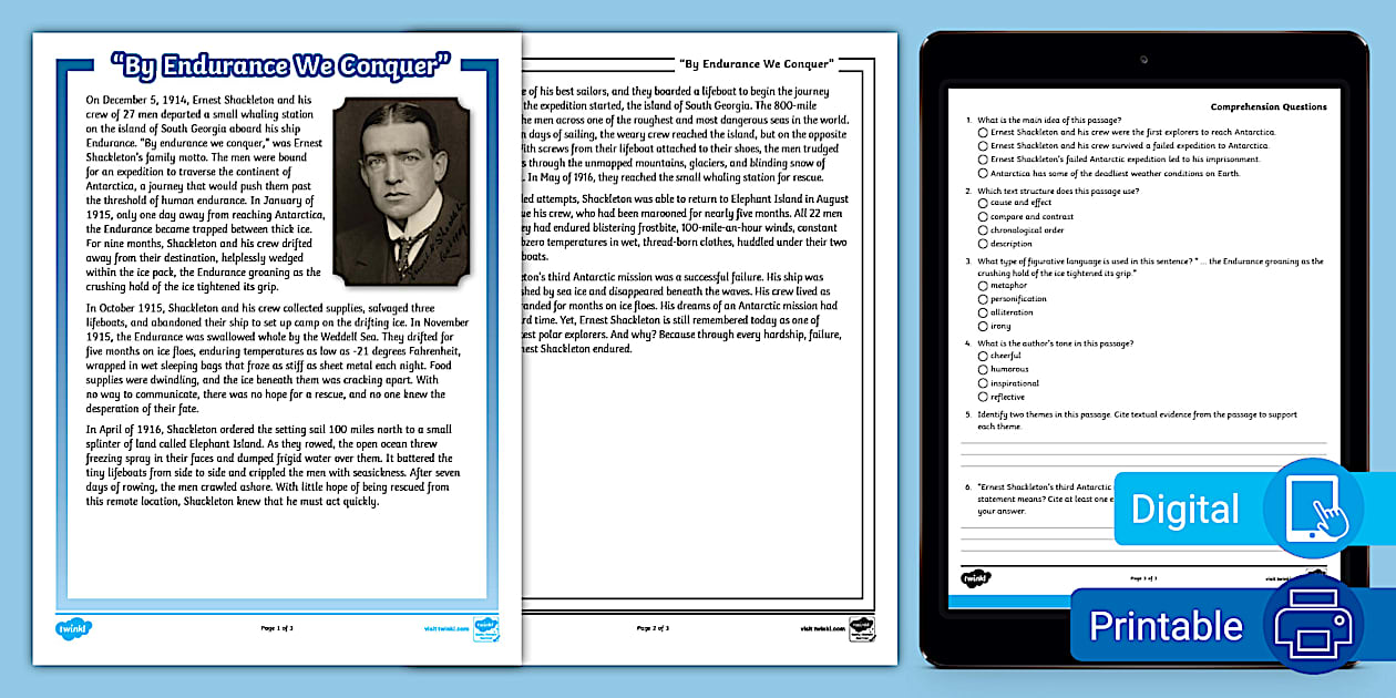 Eighth Grade Ernest Shackleton Reading Comprehension Wrks