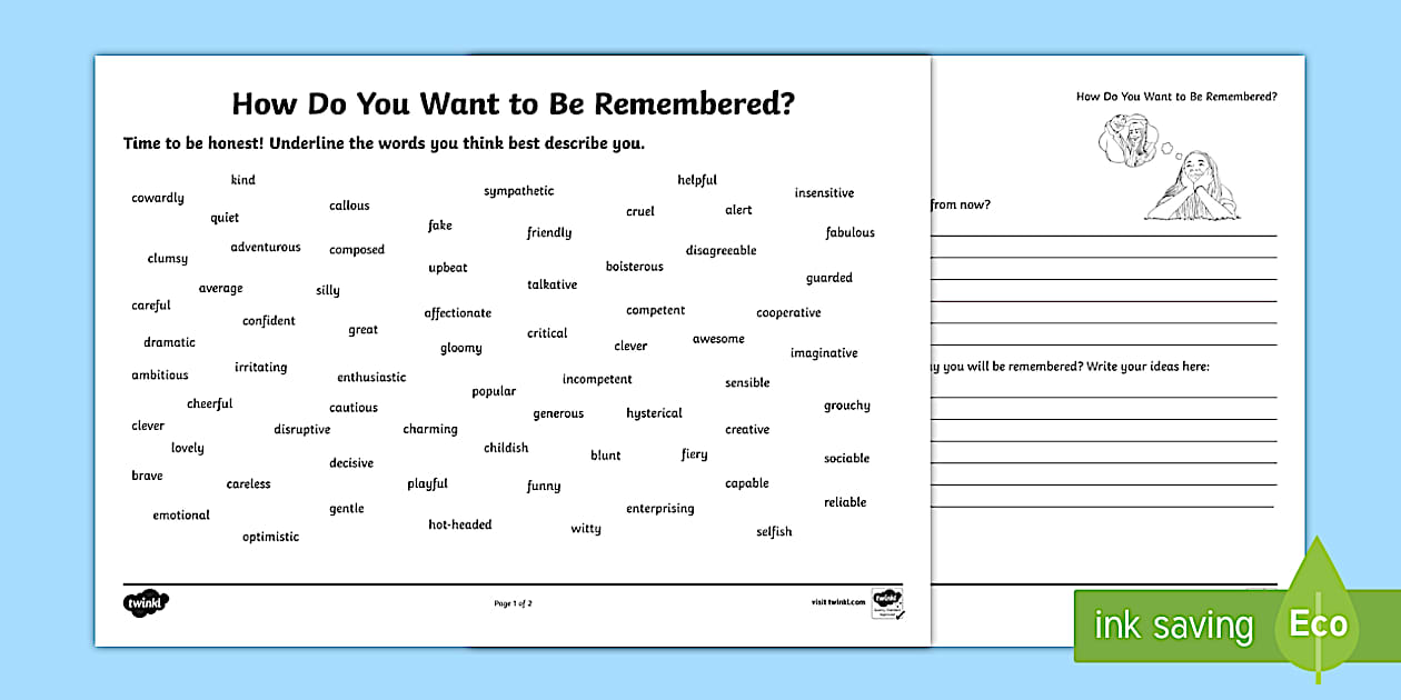 How Do You Want To Be Remembered? Worksheet / Worksheet