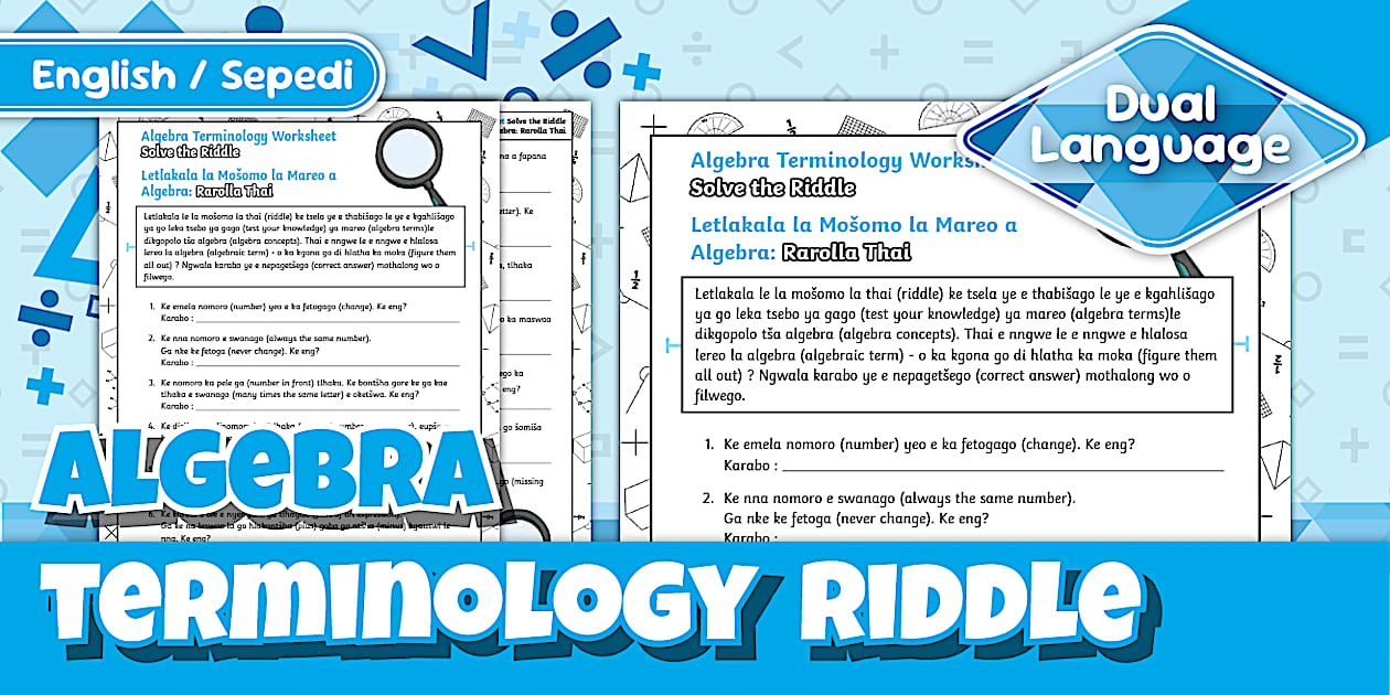 Grade 7 Maths - Term 4 - Algebra Terminology Riddle Worksheet - Sepedi ...
