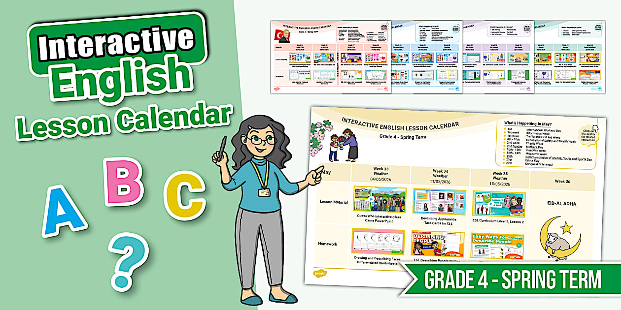 Interactive English Lesson Calendar | Grade 4 - Spring Term